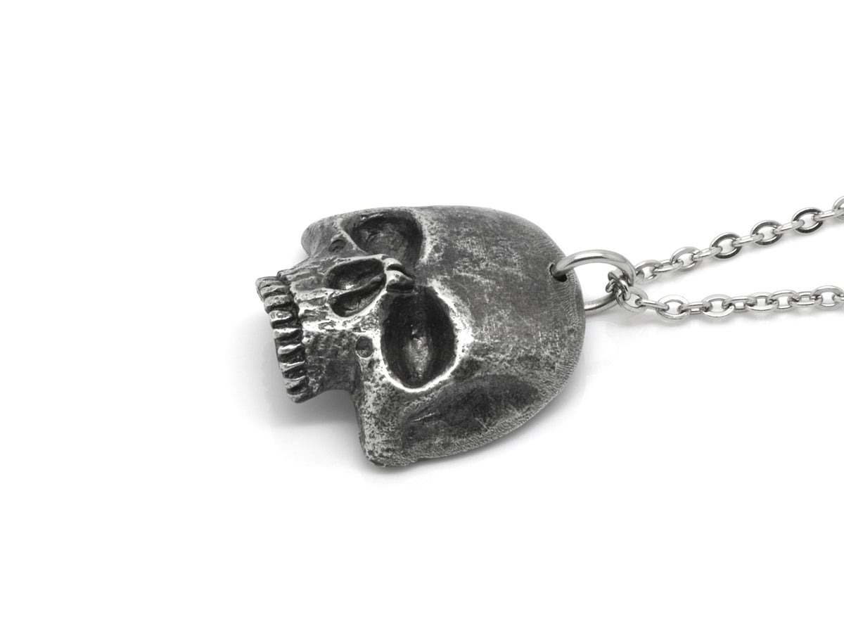 Antiqued Jawless Human Skull Necklace, Aged Pewter Jewelry – Farjil